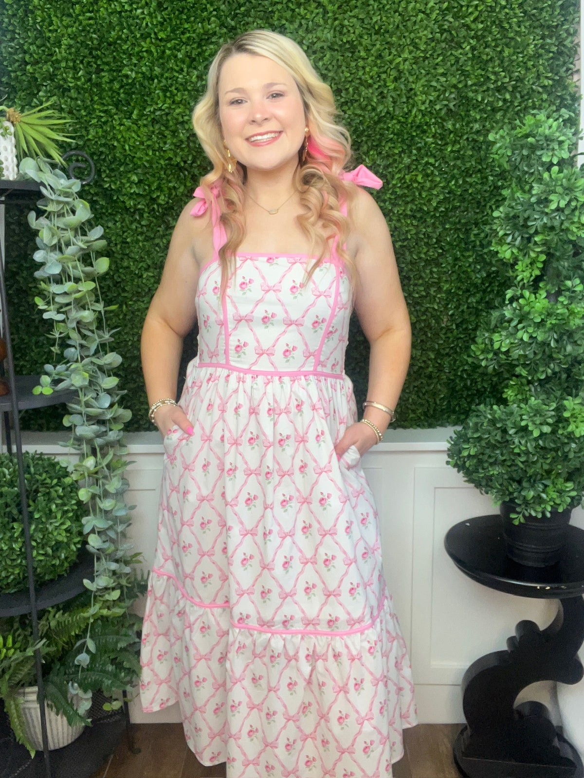 RIBBON & ROSE PATTERN DRESS W/SELF BOW TIE SHOULDER STRAPS - PINK ...